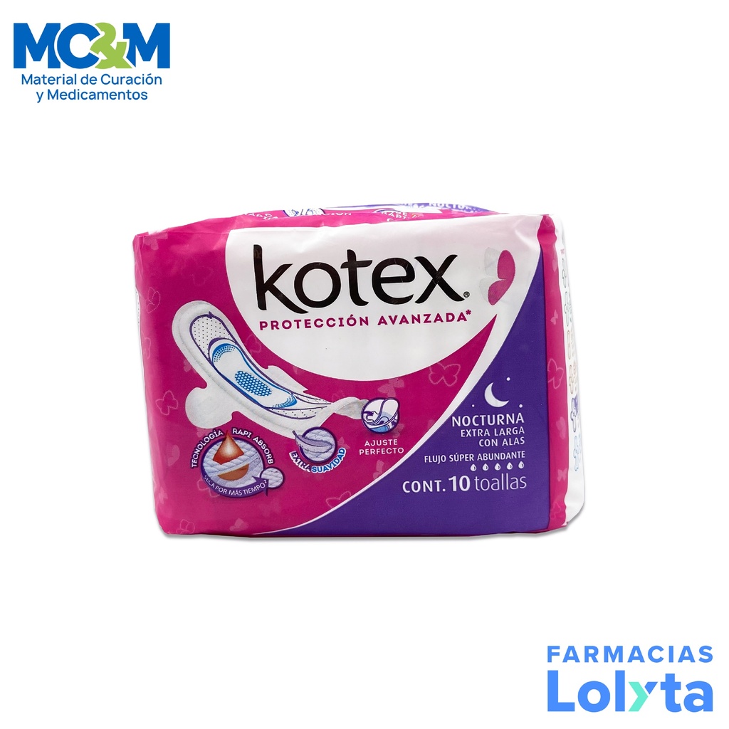 KOTEX NOCTURNA EXTRA LARGA CON ALAS FLUJO SUPER ABUNDANTE C/10 TOALLAS ...